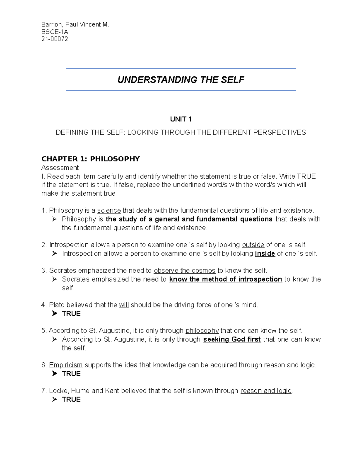 Understanding THE SELF Assessments - BSCE-1A 21- UNDERSTANDING THE SELF ...