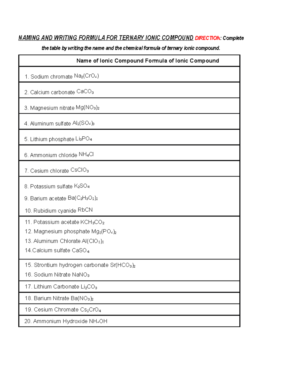 Ternary Ionic Compound Written Activity NAMING AND WRITING FORMULA
