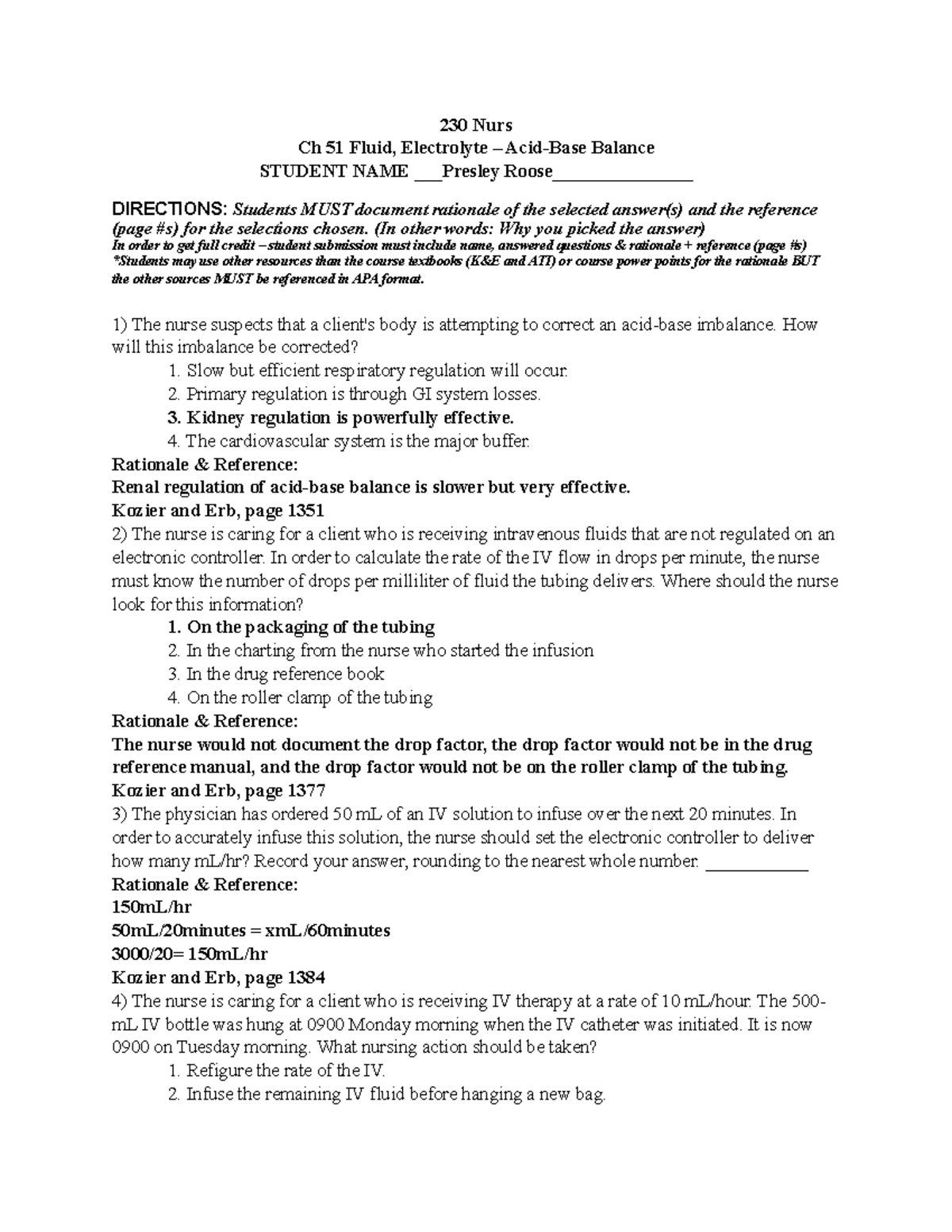 Ch 51 Fluid Electrolytes Acid-Base Pre Class worksheet - 230 Nurs Ch 51 ...