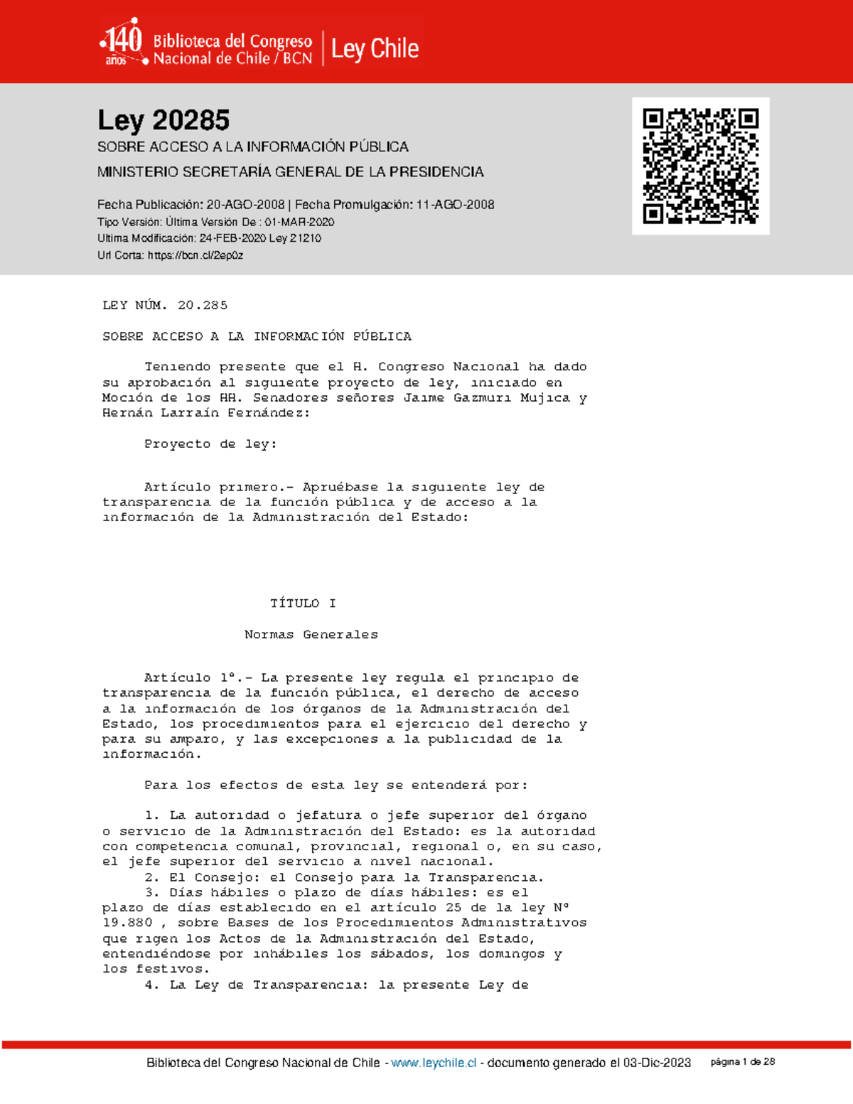 LEY-20285 20-AGO-2008 - Ley 20285 SOBRE ACCESO A LA INFORMACIÓN PÚBLICA ...