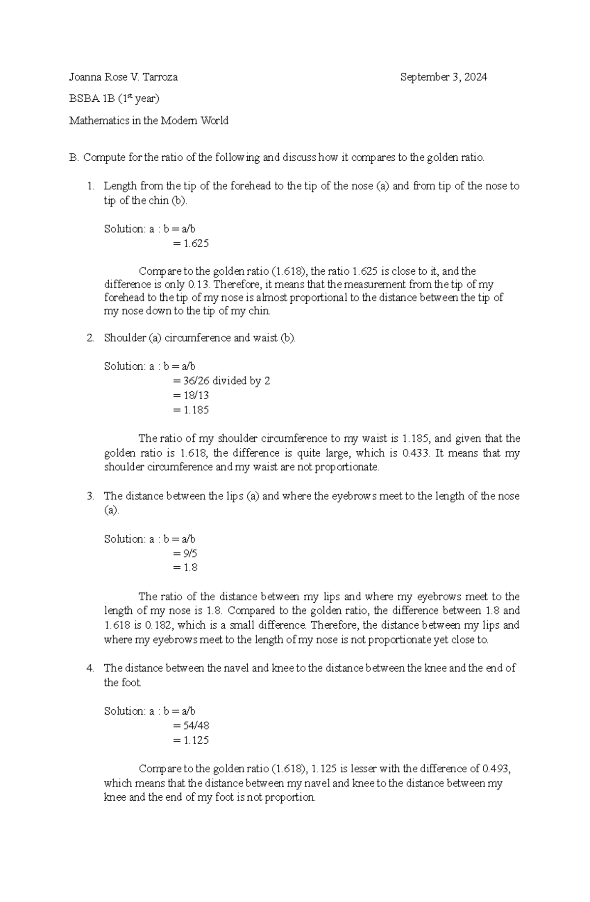 MMW - assignment related to the golden ratio - Joanna Rose V. Tarroza ...