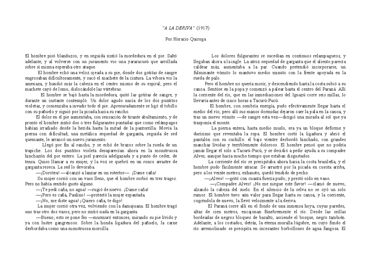 Quiroga, Horacio - Cuentos - “A LA DERIVA” (1917) Por Horacio Quiroga ...