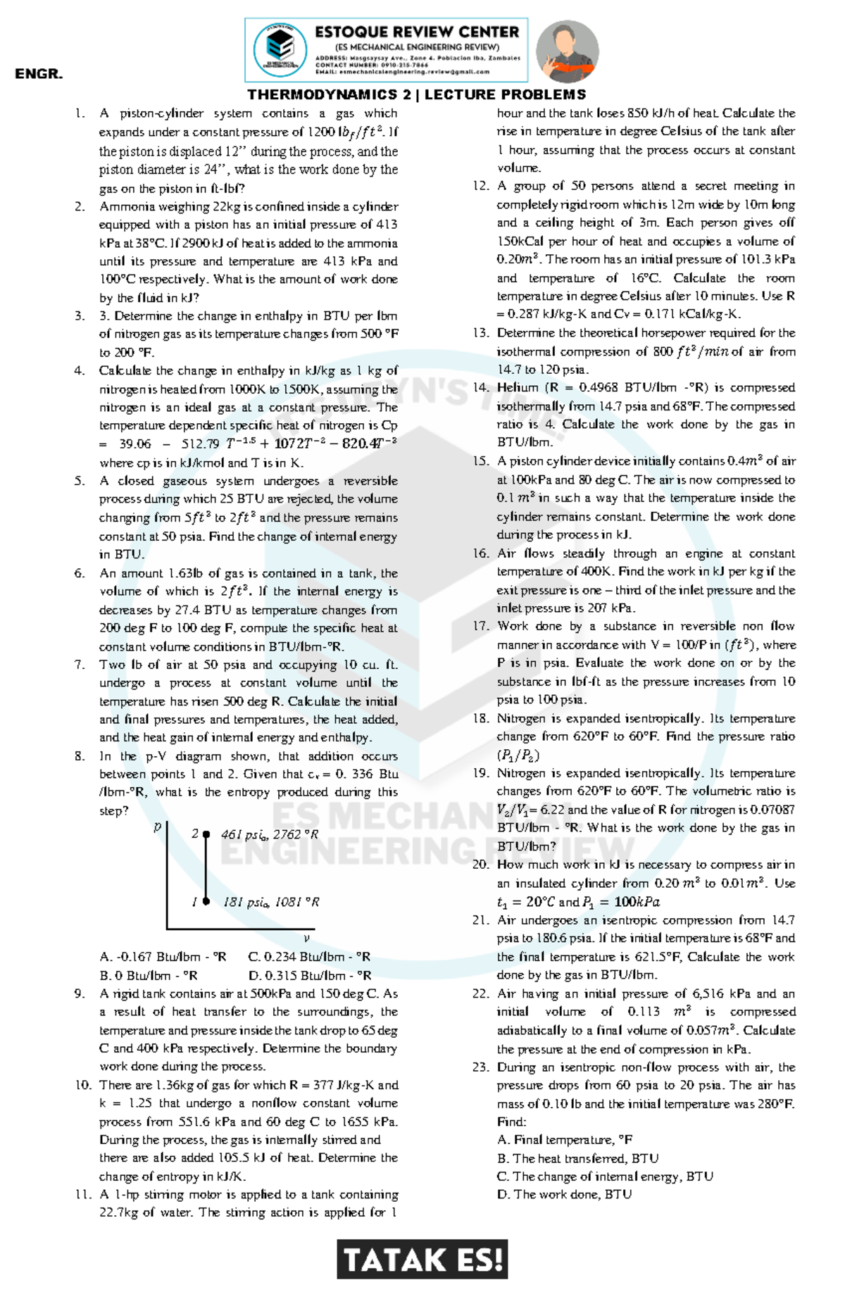 DAY 22 - Thermodynamics 2 l Lecture Problems - THERMODYNAMICS 2 | LECTURE PROBLEMS A piston ...