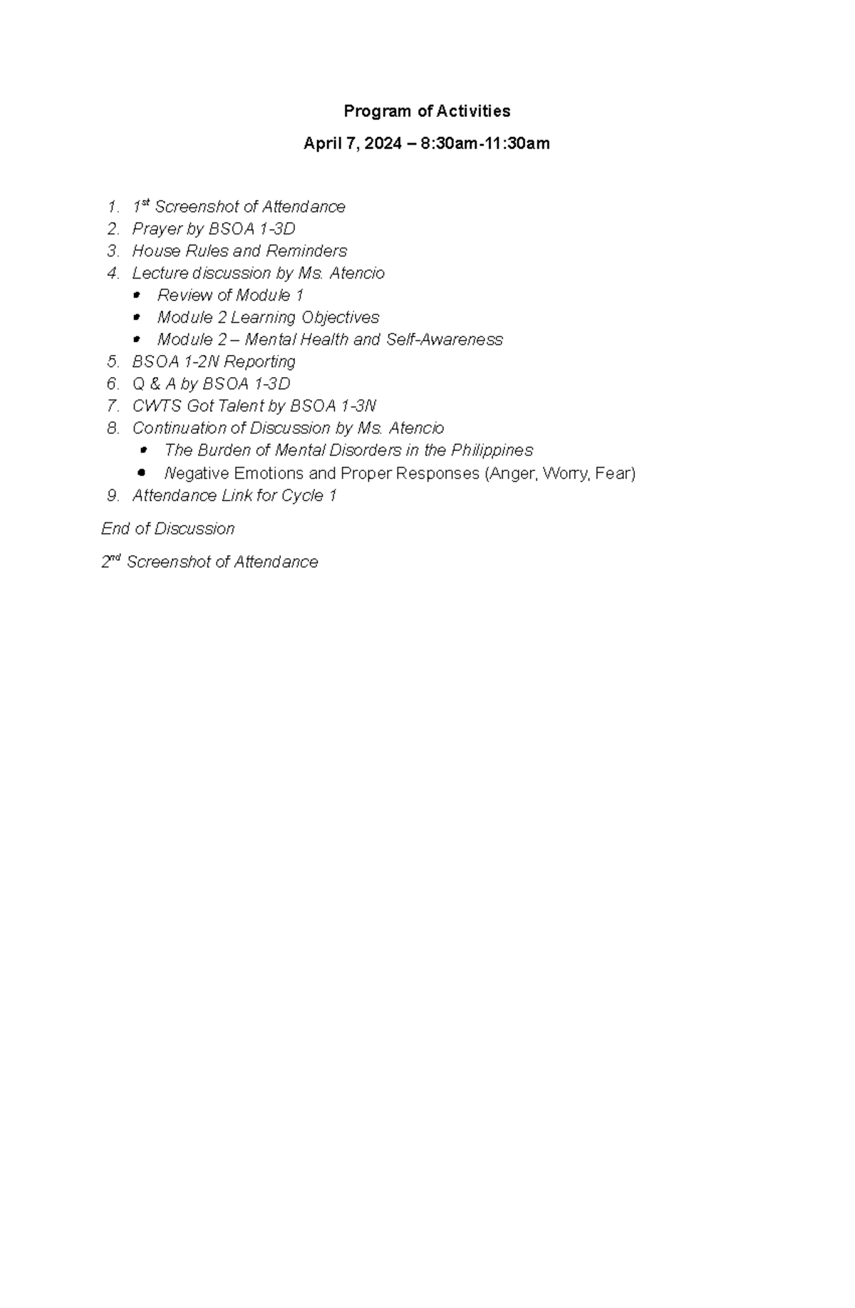 Program of Activities Cycle 1 - Program of Activities April 7, 2024 – 8 ...