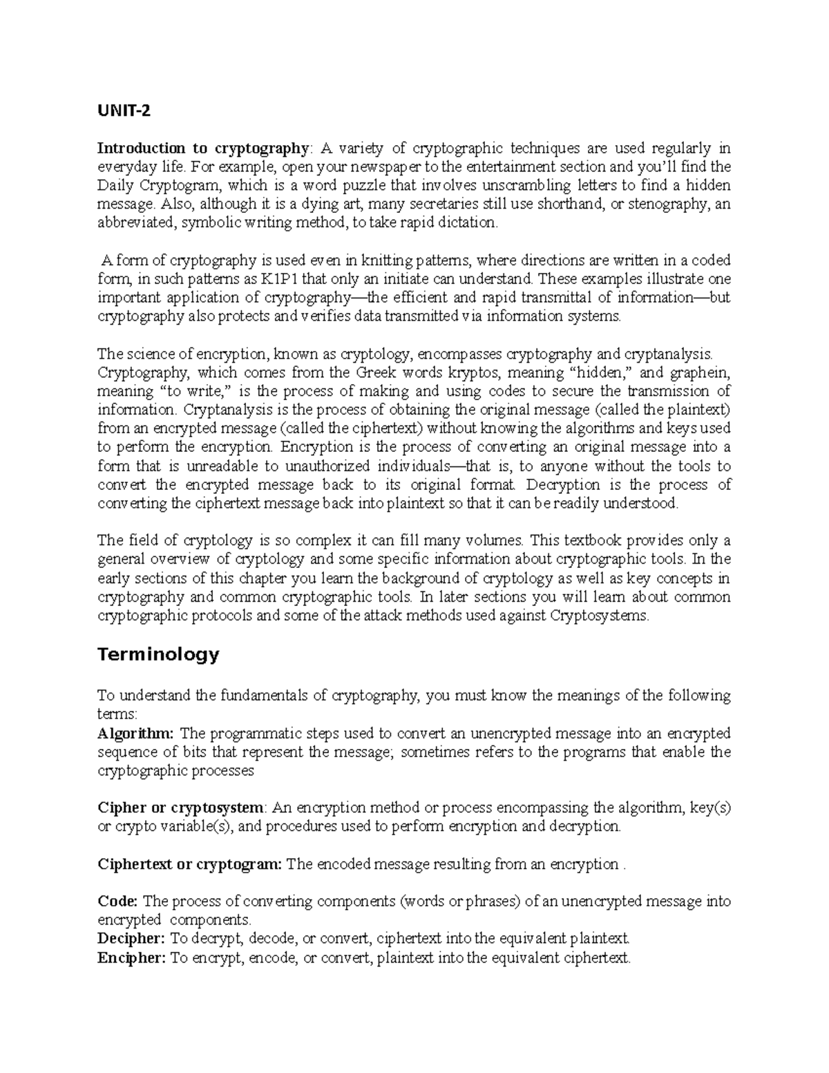 Unit 2 - Lecture notes 2 - UNIT- Introduction to cryptography : A ...