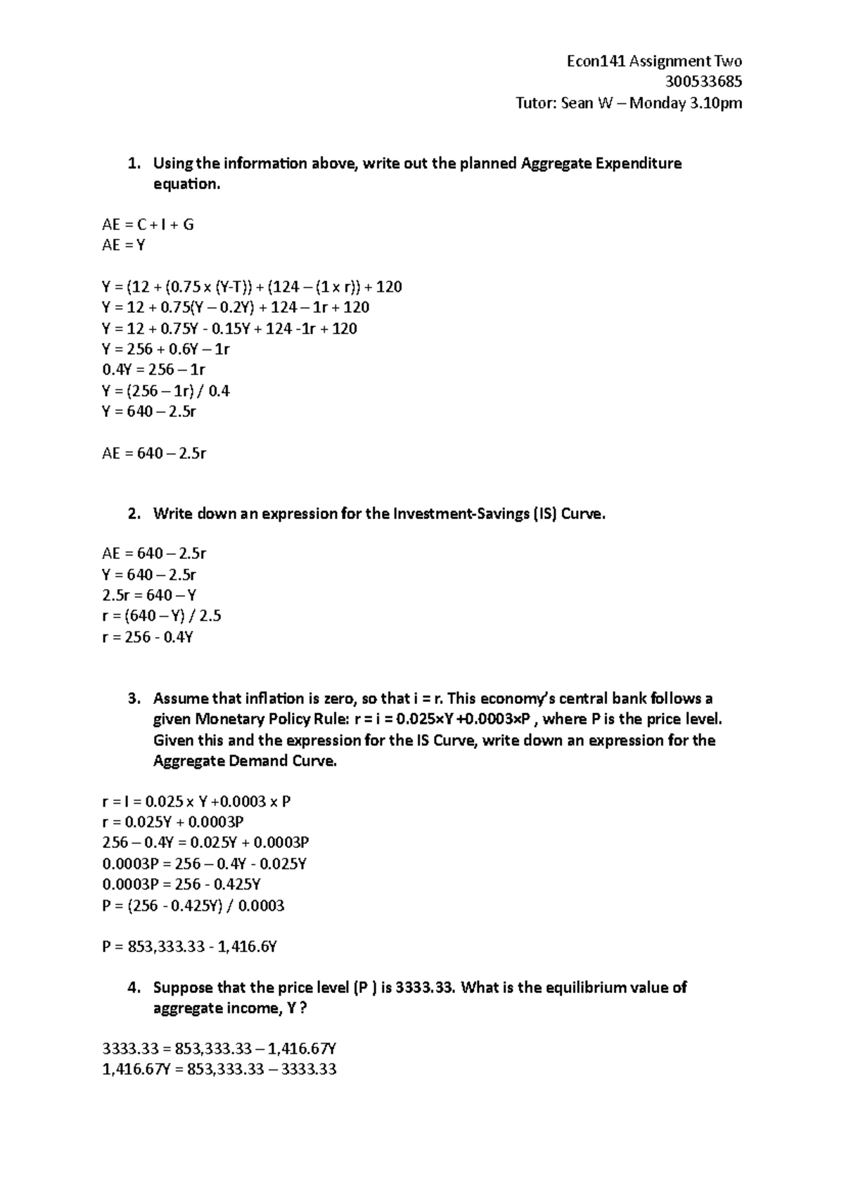 ECON141 Assignment 2 - Econ141 Assignment Two 300533685 Tutor: Sean W ...
