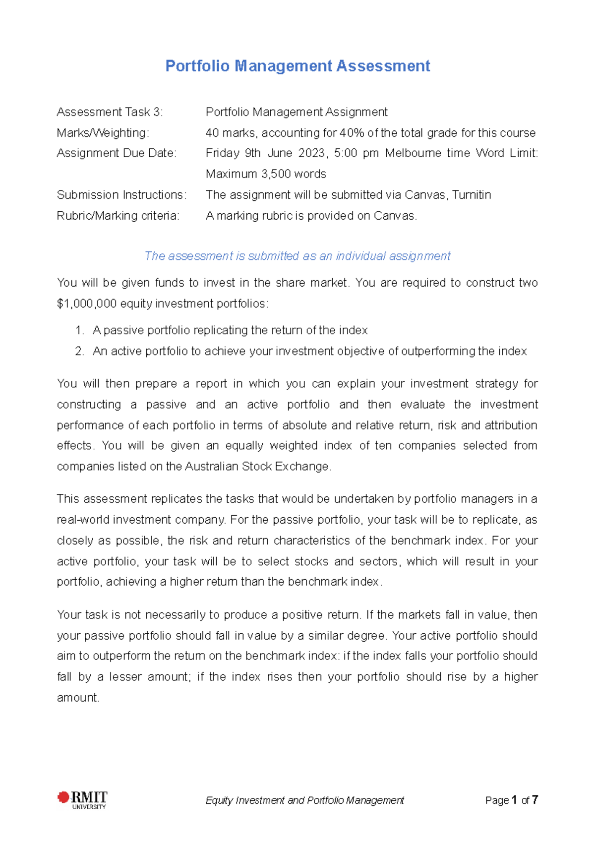 Portfolio Management Assignment s123-2 - Portfolio Management ...