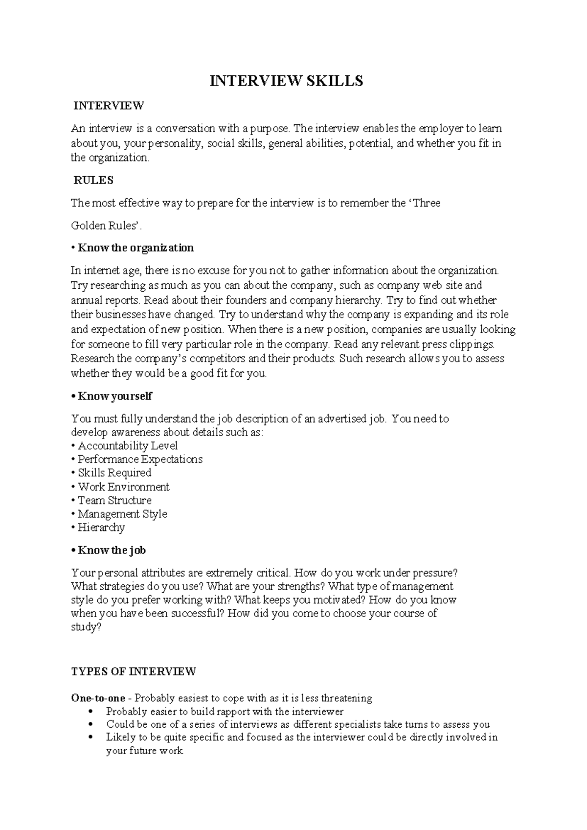 Interview skill - INTERVIEW SKILLS INTERVIEW An interview is a ...