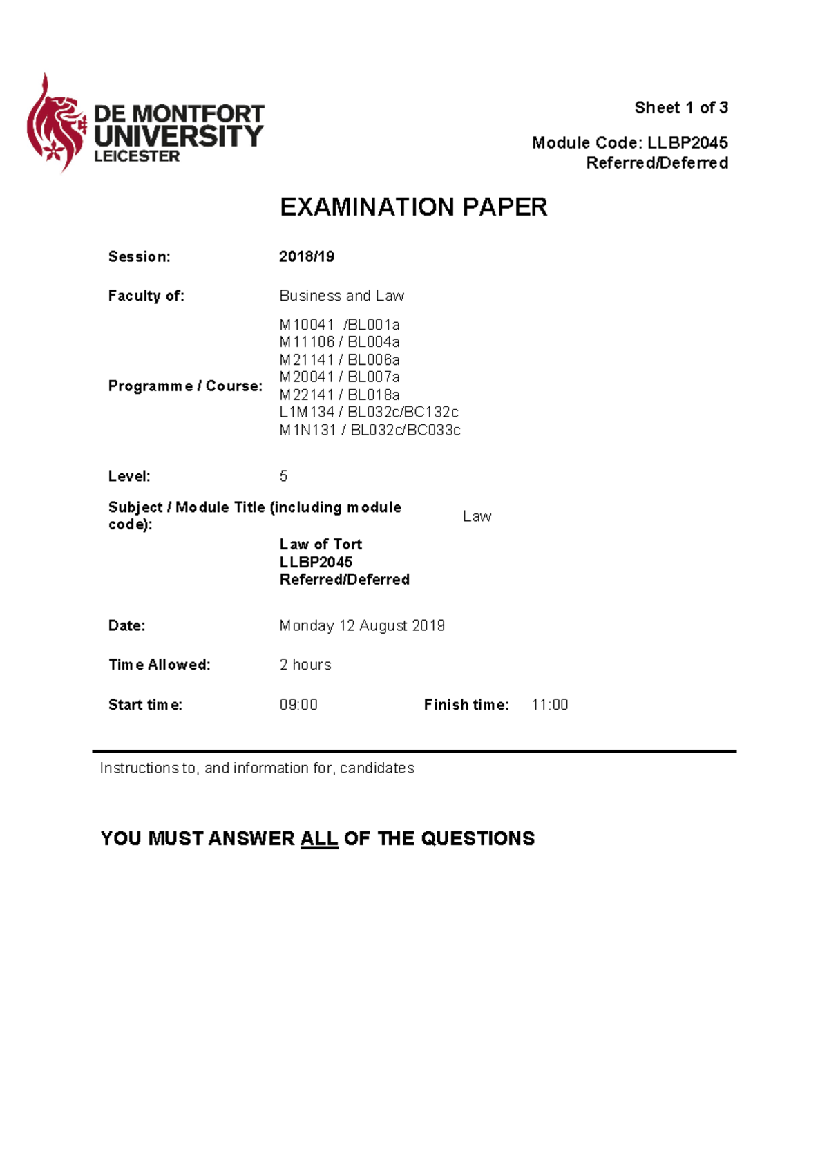 LLBP2045 2019 Resit Exam - Sheet 1 of 3 Module Code: LLBP Referred ...