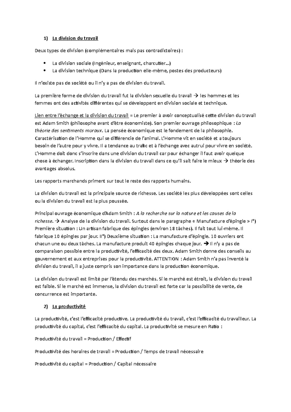 La division du travail - Licence LEA 1ère année - 1) La division du ...