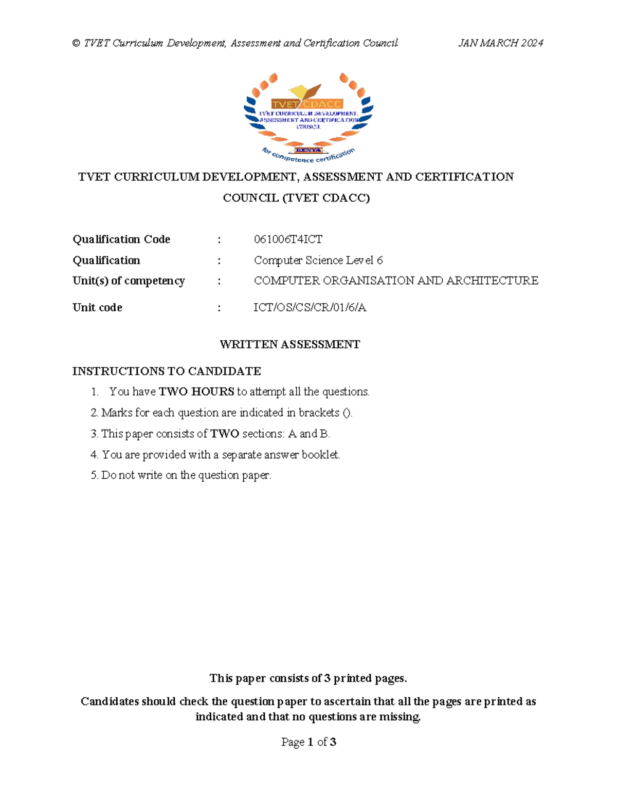 COMPUTER ORGANIZATION EXAM - © TVET Curriculum Development, Assessment ...