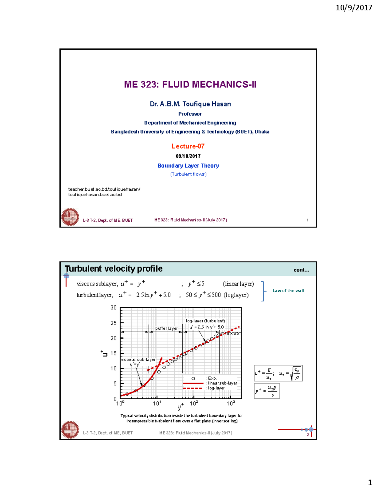 Fluid Mechanics II (L-6) - 10/9/2017 ME 323: FLUID MECHANICS-II Dr. A.B. Toufique Hasan ...