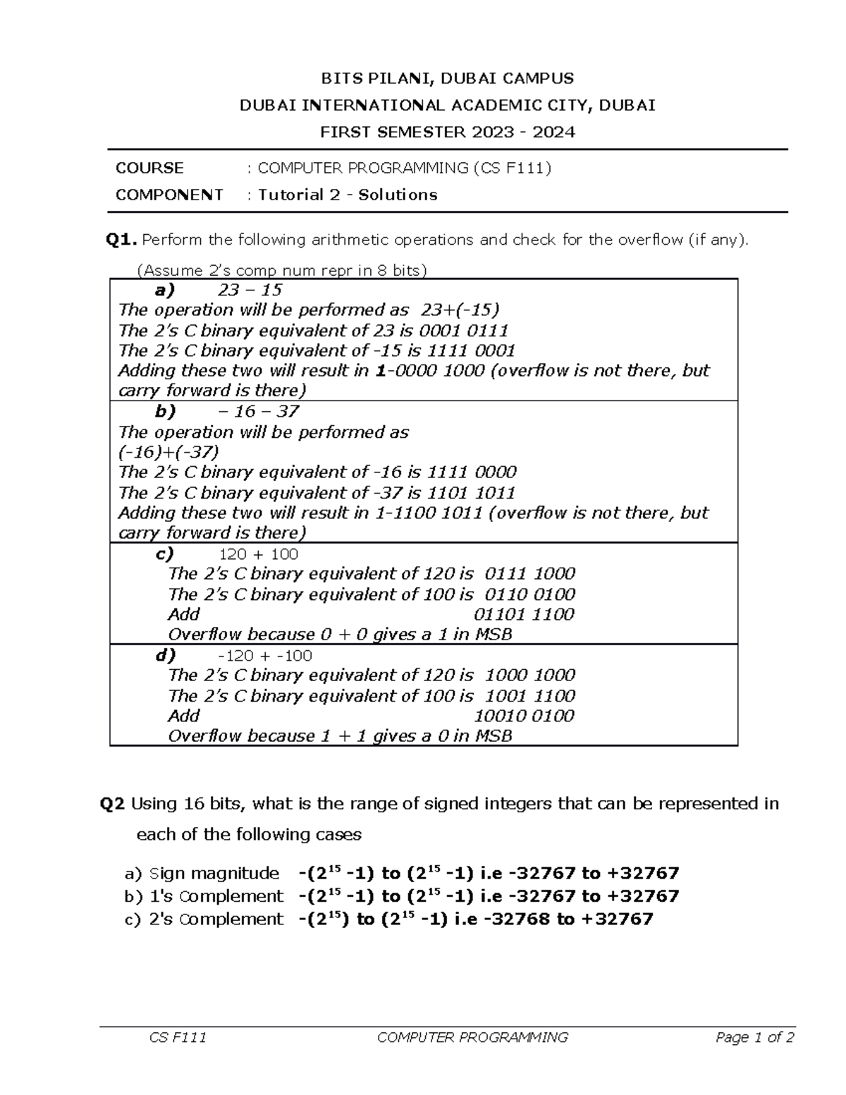 2. CP Tutorial solution - BITS PILANI, DUBAI CAMPUS DUBAI INTERNATIONAL ... 2. CP Tutorial solution - BITS PILANI, DUBAI CAMPUS DUBAI INTERNATIONAL ...