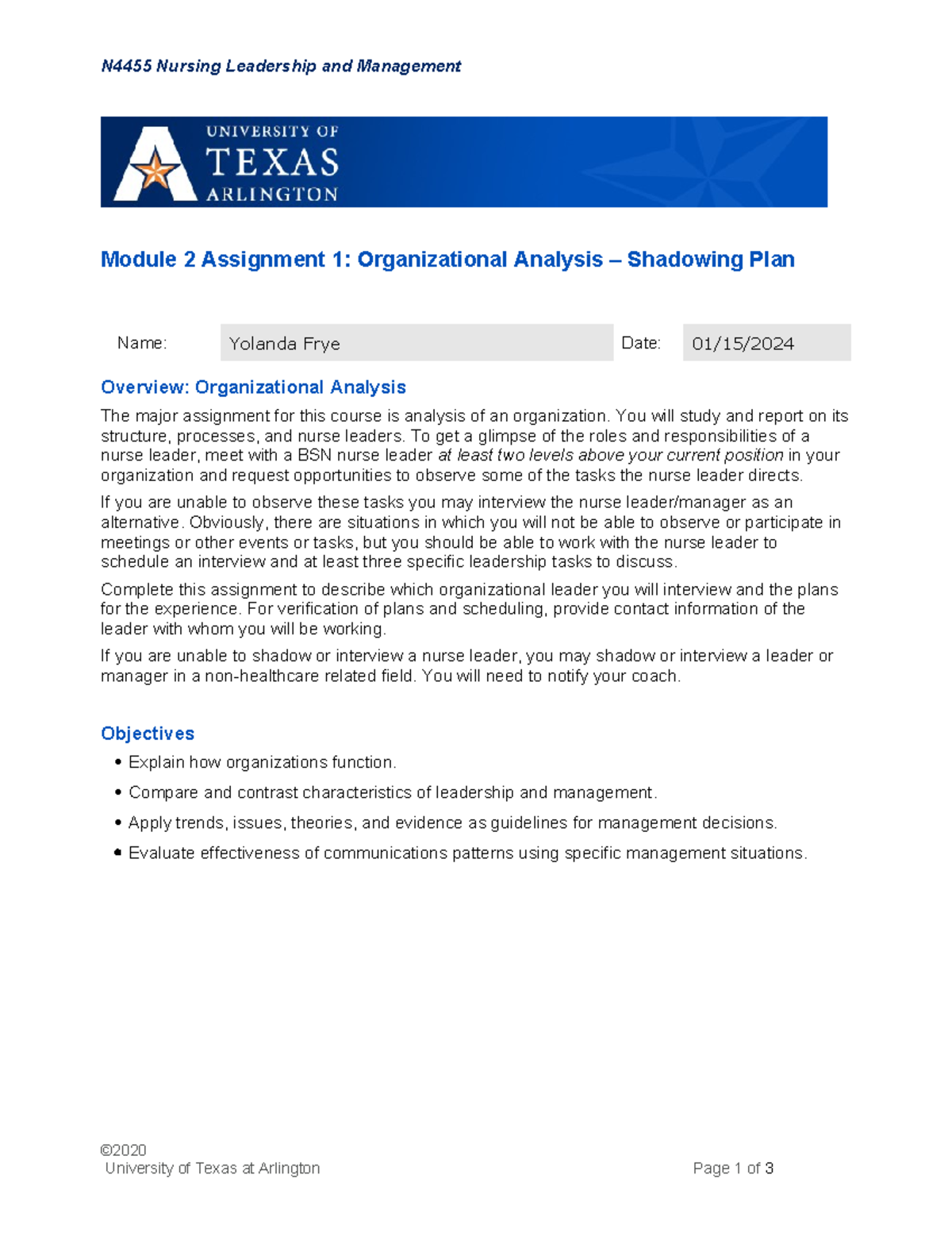 Module 2 Assignment Org Analysis Shadow Plan -1 - N4455 Nursing ...