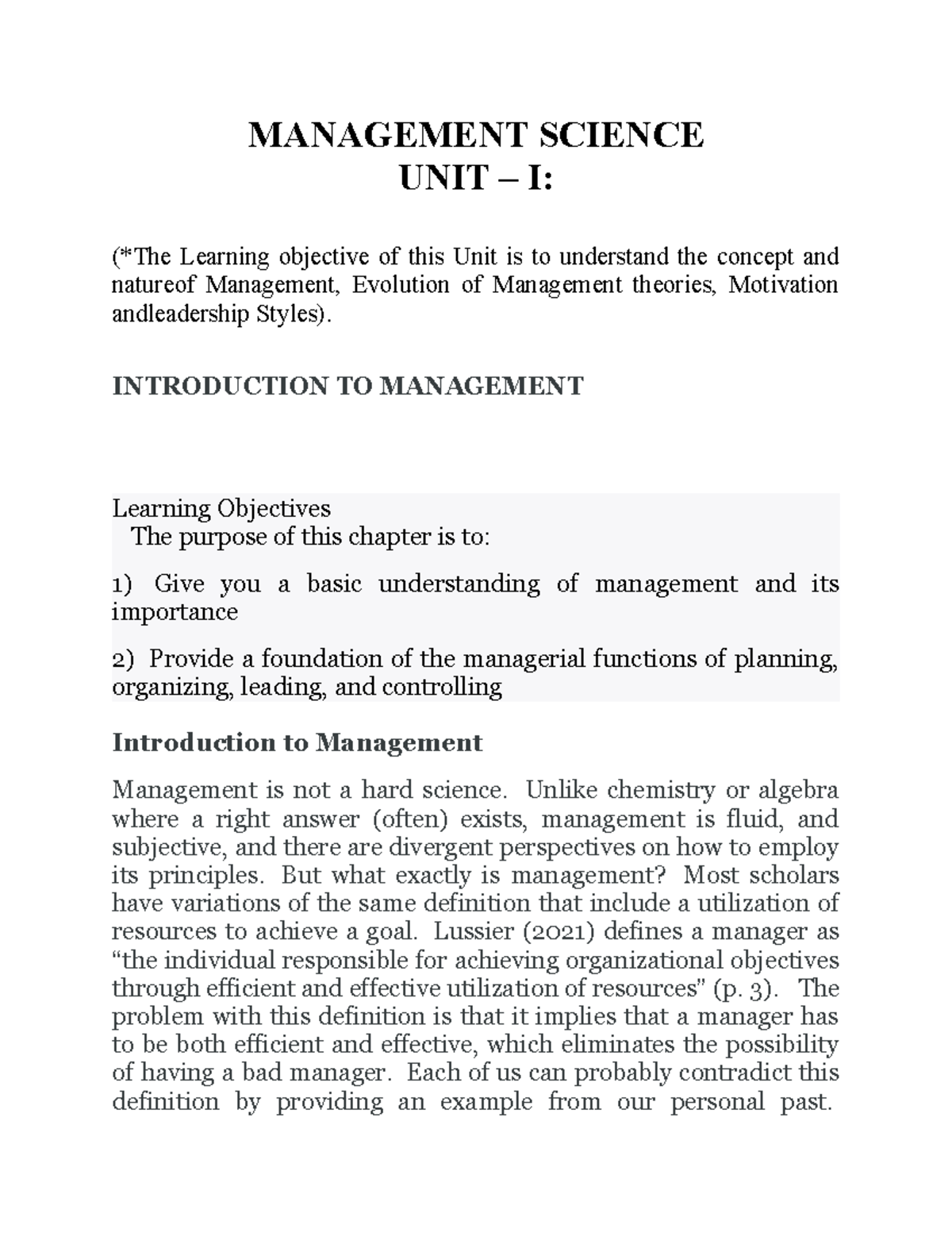 Lesson 1 Management Science - MANAGEMENT SCIENCE UNIT – I: (*The ...