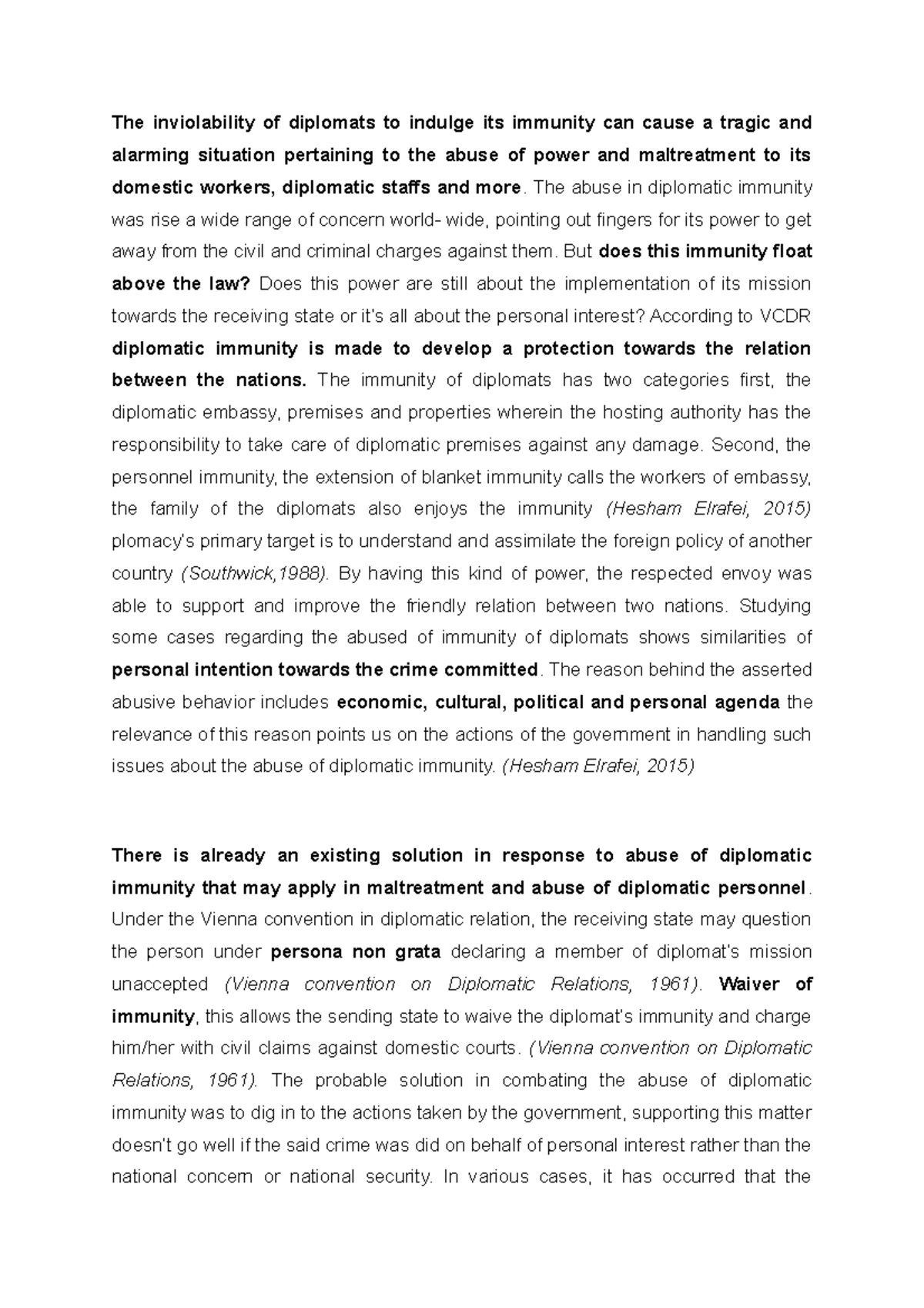 Case study; solution - Lecture notes 1 - The inviolability of diplomats ...