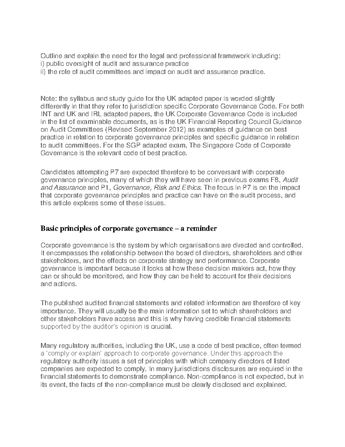 Corportae governance - ACCA audit and assurance notes - Outline and ...