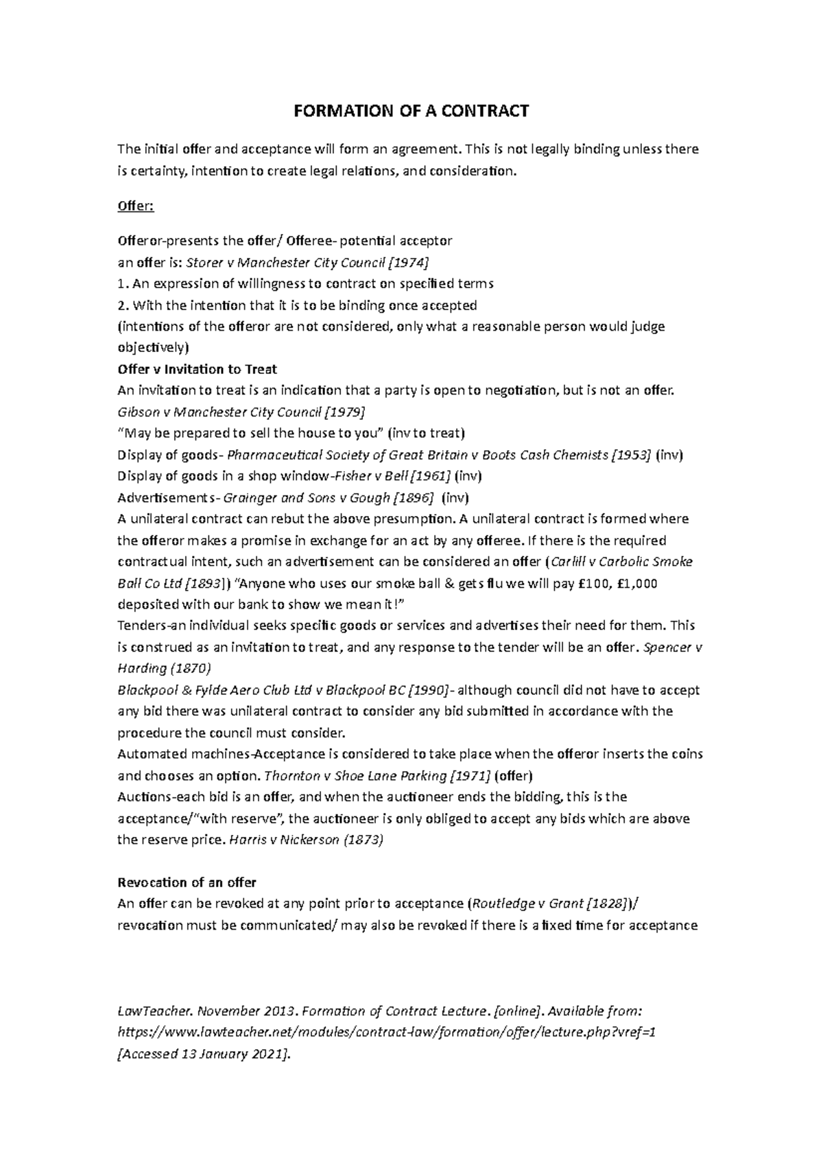 Formation OF A Contract revision - FORMATION OF A CONTRACT The iniial ...