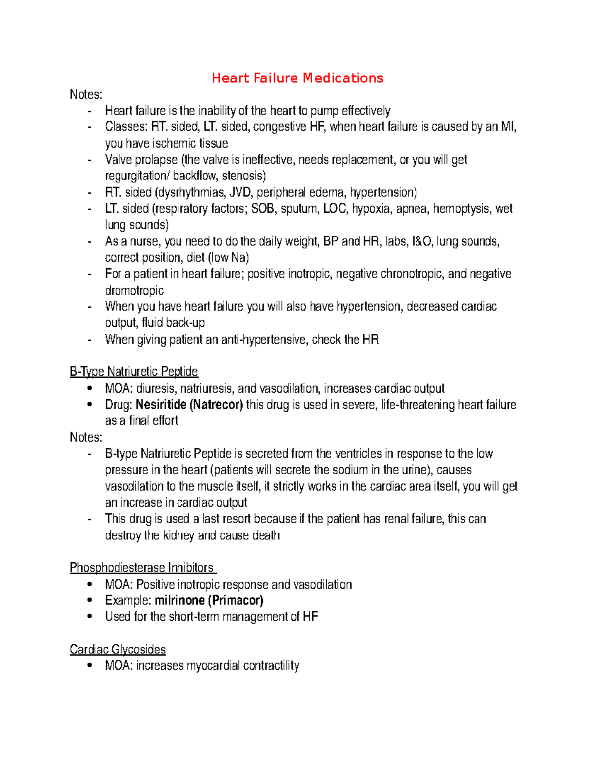 Heart Failure Medications Review - Heart Failure Medications No t e s ...