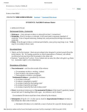 Evidence Outline - I. Relevance 1. (1) Rule 401: Evidence is RELEVANT ...