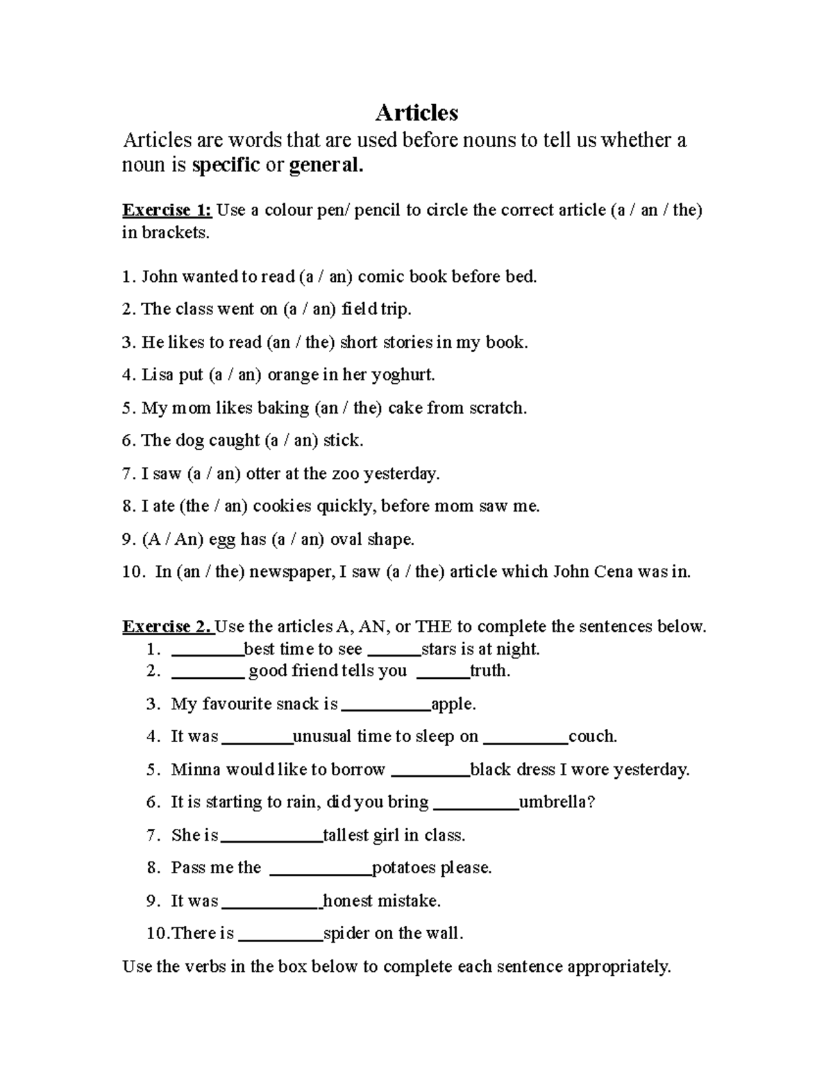 Articles worksheet - Practice - Articles Articles are words that are ...