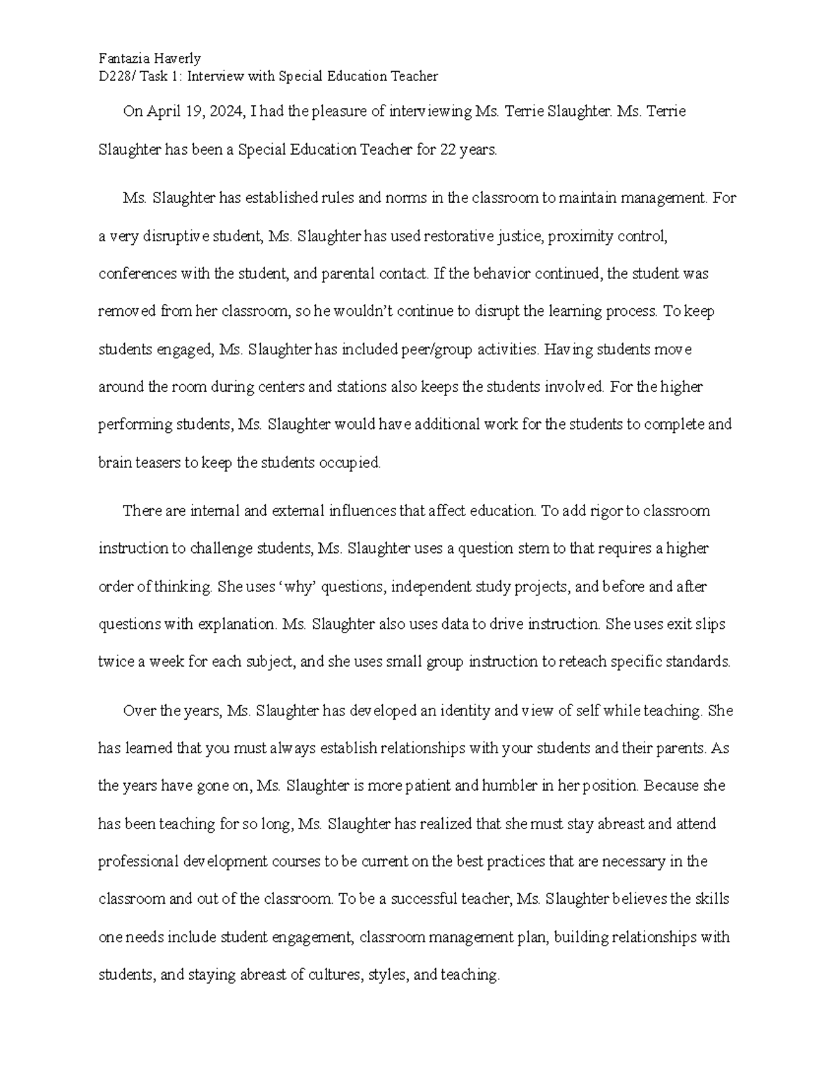 D228- Task 1: Interview With Special Education Teacher - Fantazia ...