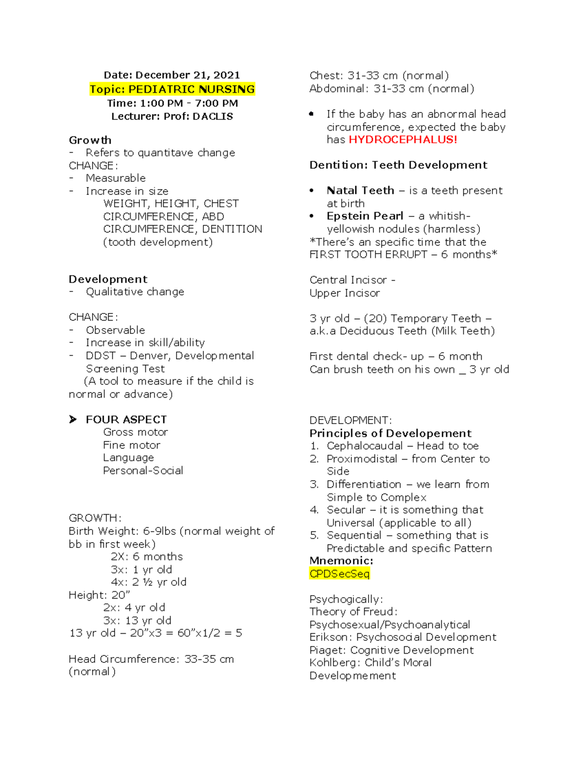 Refresher Pedia_notes - Date: December 21, 2021 Topic: PEDIATRIC ...