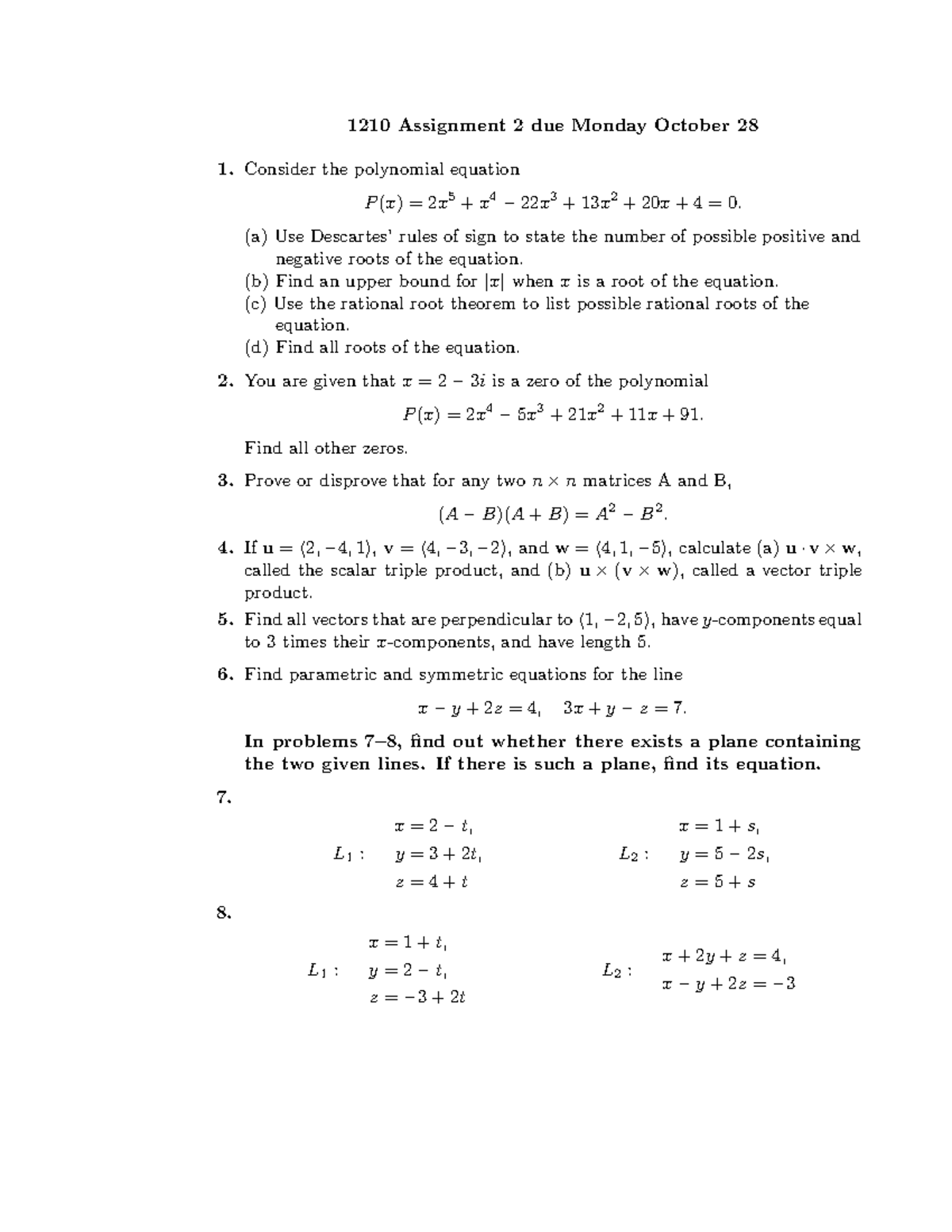 F19asst2 - Techniques Of Classical And Linear Algebra course material ...