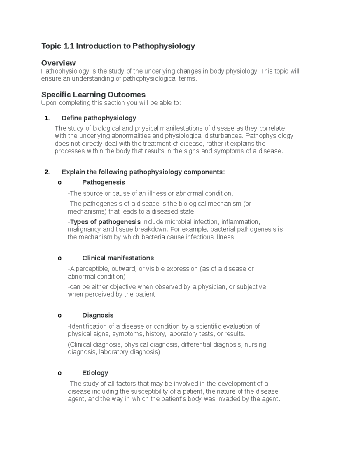 Pathophysiology Midterm 1 review - Topic 1 Introduction to ...