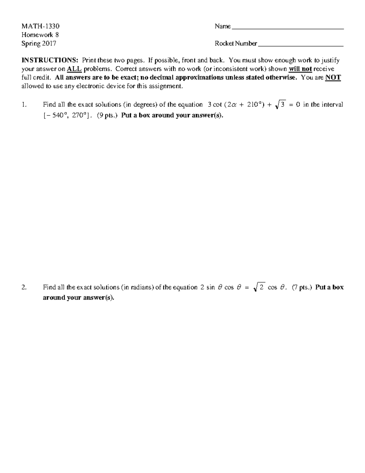 Problems 8MWF - Homework - MATH-1330 Name ...
