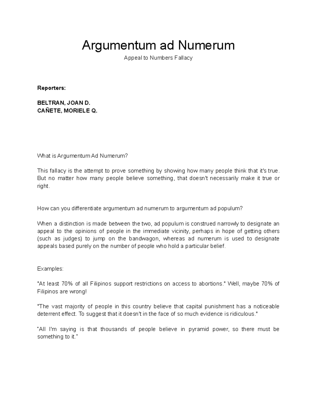 Logic Written Report Logic Written Report - Argumentum ad Numerum ...