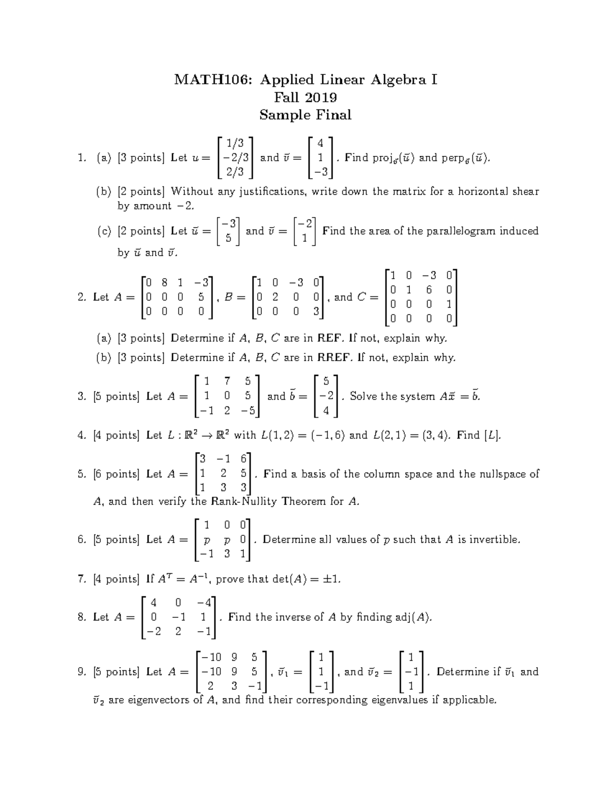 Sample Final - samplr - MATH106: Applied Linear Algebra I Fall 2019 ...