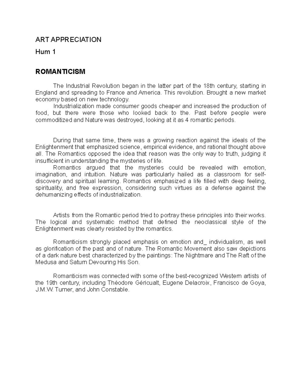 Art Appreciation Hum 1 - Romanticism - ART APPRECIATION Hum 1 ...