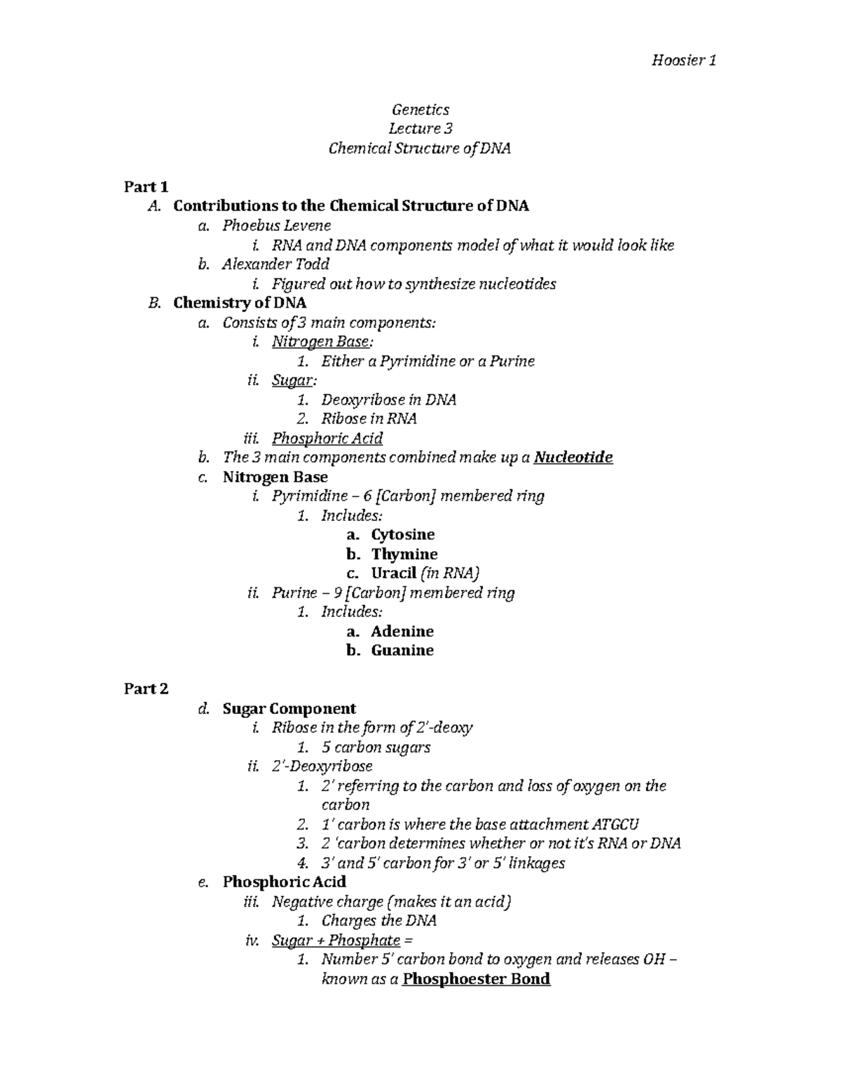 L3 – Chemical Structure DNA - Hoosier 1 Genetics Lecture 3 Chemical ...