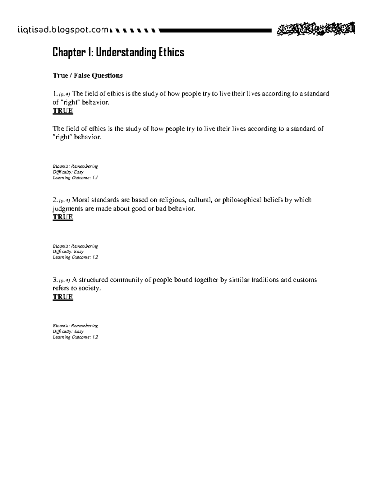 Chapter 01 - test - Chapter 1: Understanding Ethics True / False ...