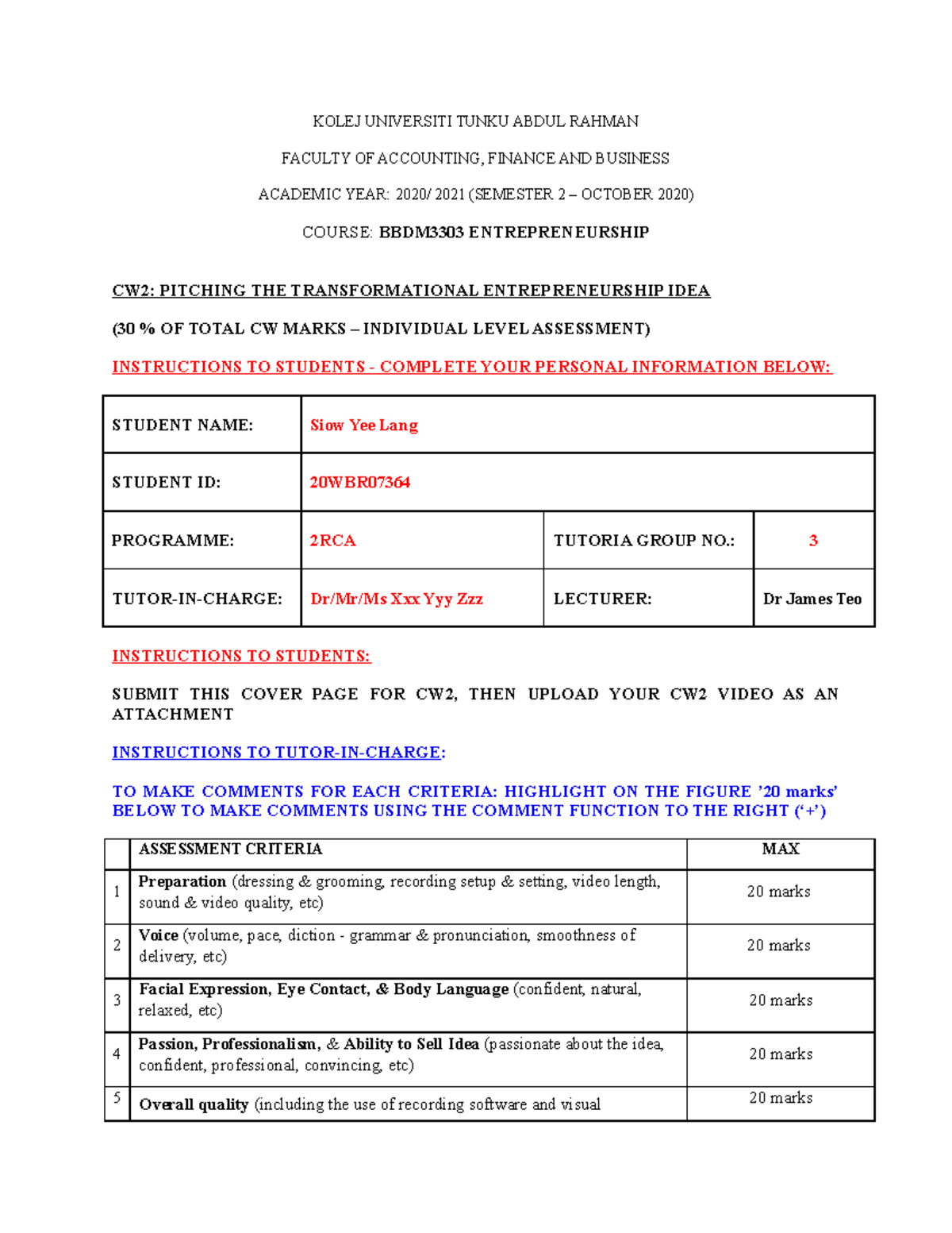 CW2 Assessment Siow Yee Lang 20 WBR07364 - KOLEJ UNIVERSITI TUNKU ABDUL ...