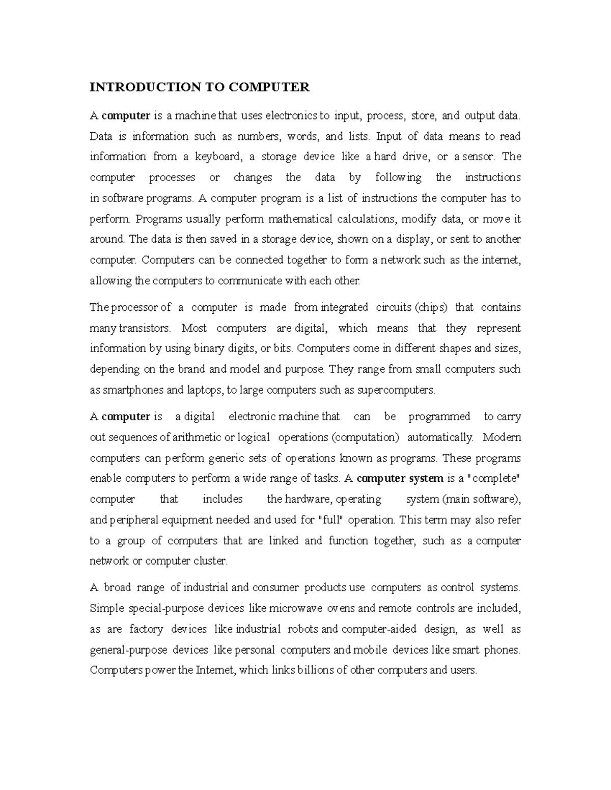 Dvantages of computer - INTRODUCTION TO COMPUTER A computer is a ...