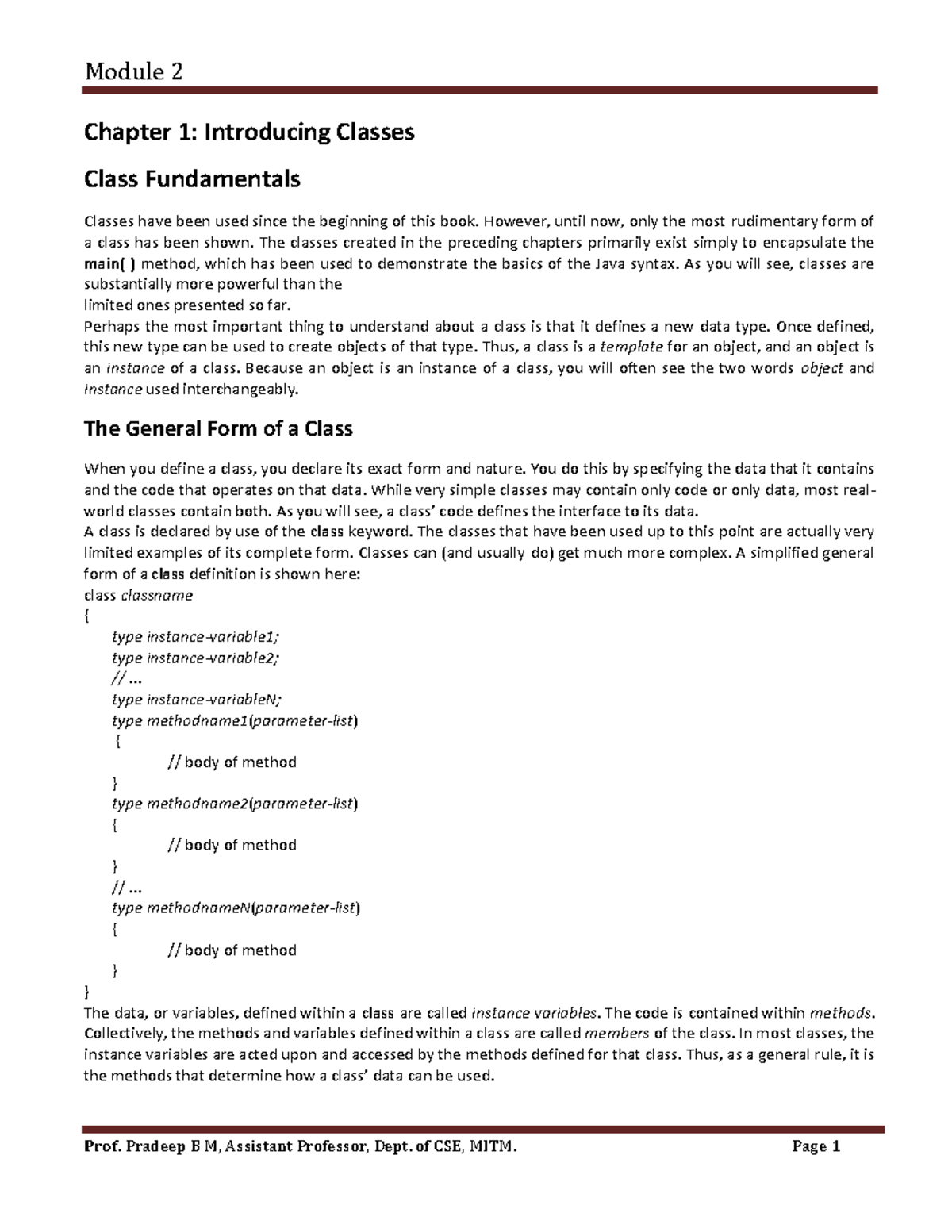 Module 2 - Notes - Chapter 1: Introducing Classes Class Fundamentals ...