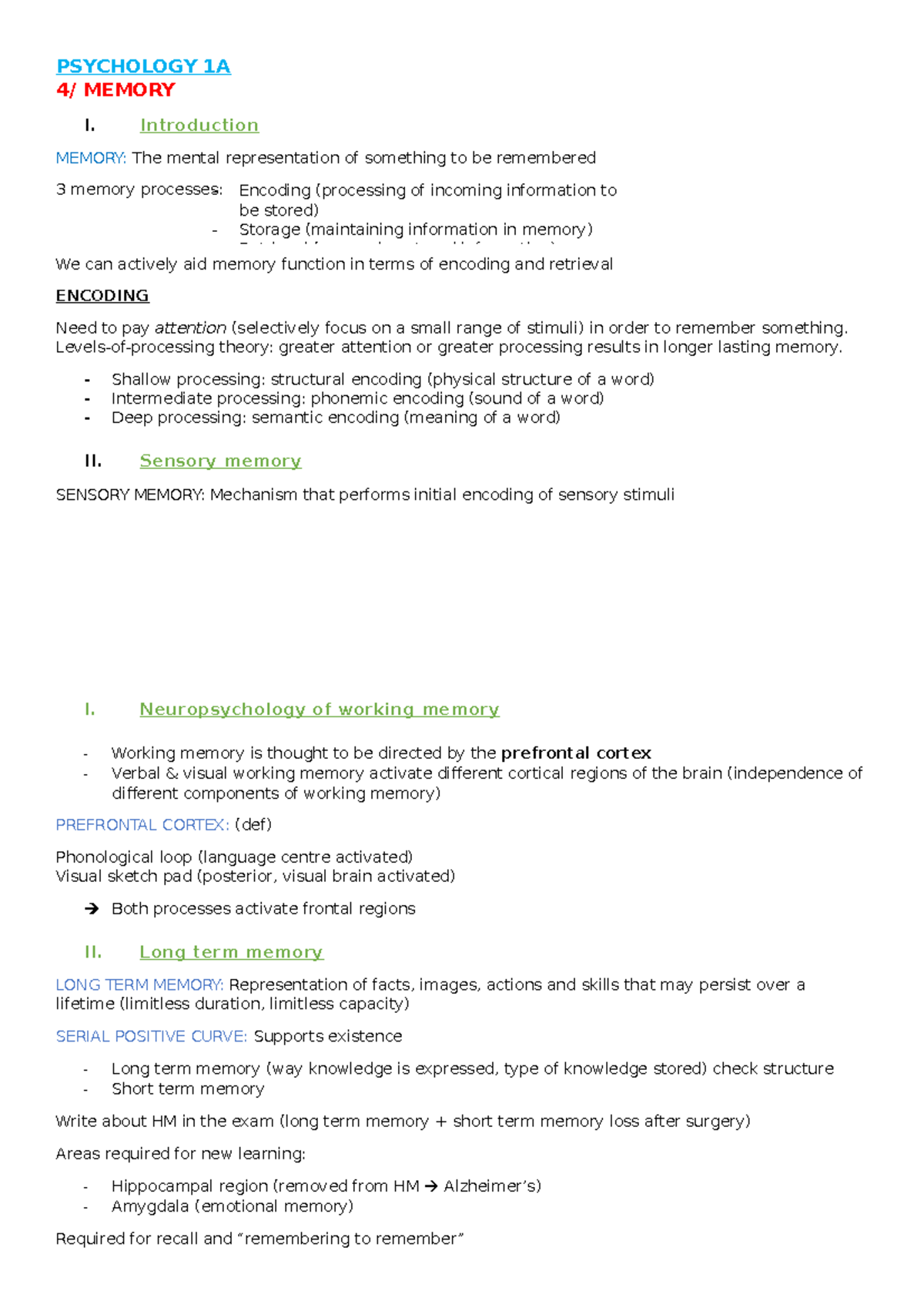 4. Memory - PSYCHOLOGY 1A MEMORY I. Introduction MEMORY: The mental ...