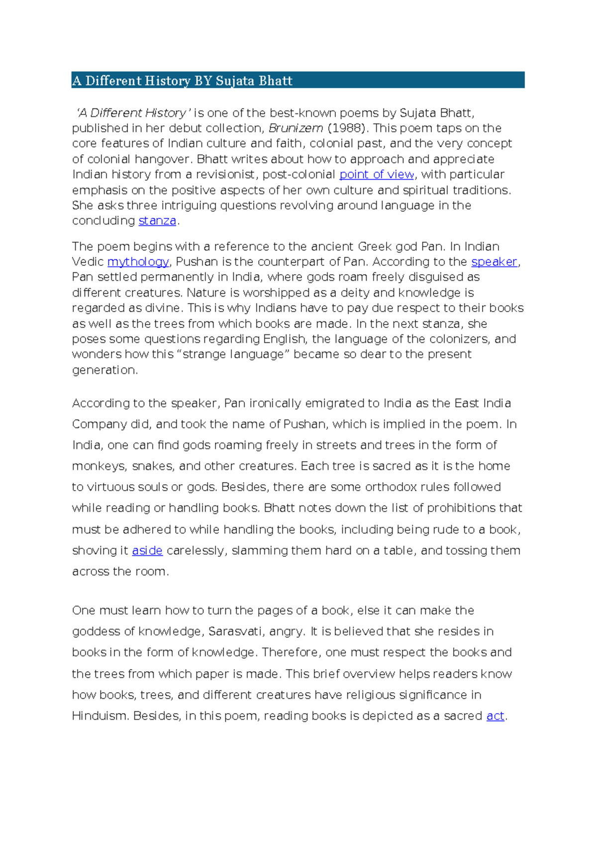 A Different History BY Sujata Bhatt - This poem taps on the core ...