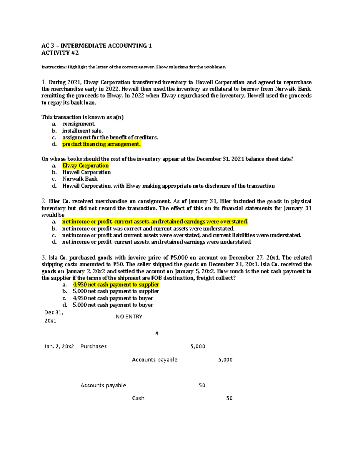 Activity 2 - Inventory-1 - AC 3 – INTERMEDIATE ACCOUNTING 1 ACTIVITY ...
