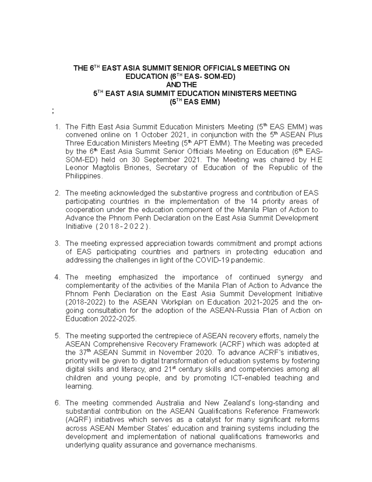 Brief info about 6th EAS SOM-ED and 5th EAS EMM - THE 6TH EAST ASIA ...