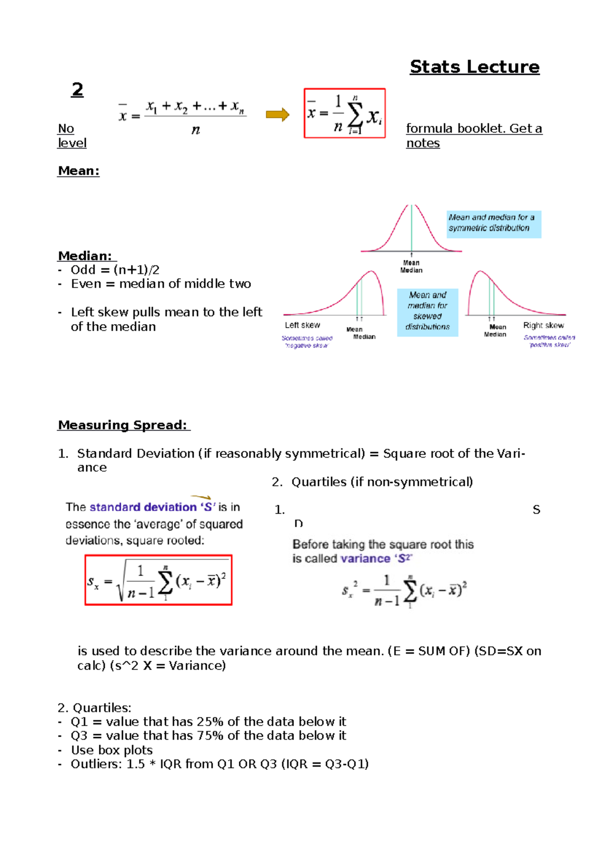 Statistics for Economics and Business Lecture Two Notes - Stats Lecture ...