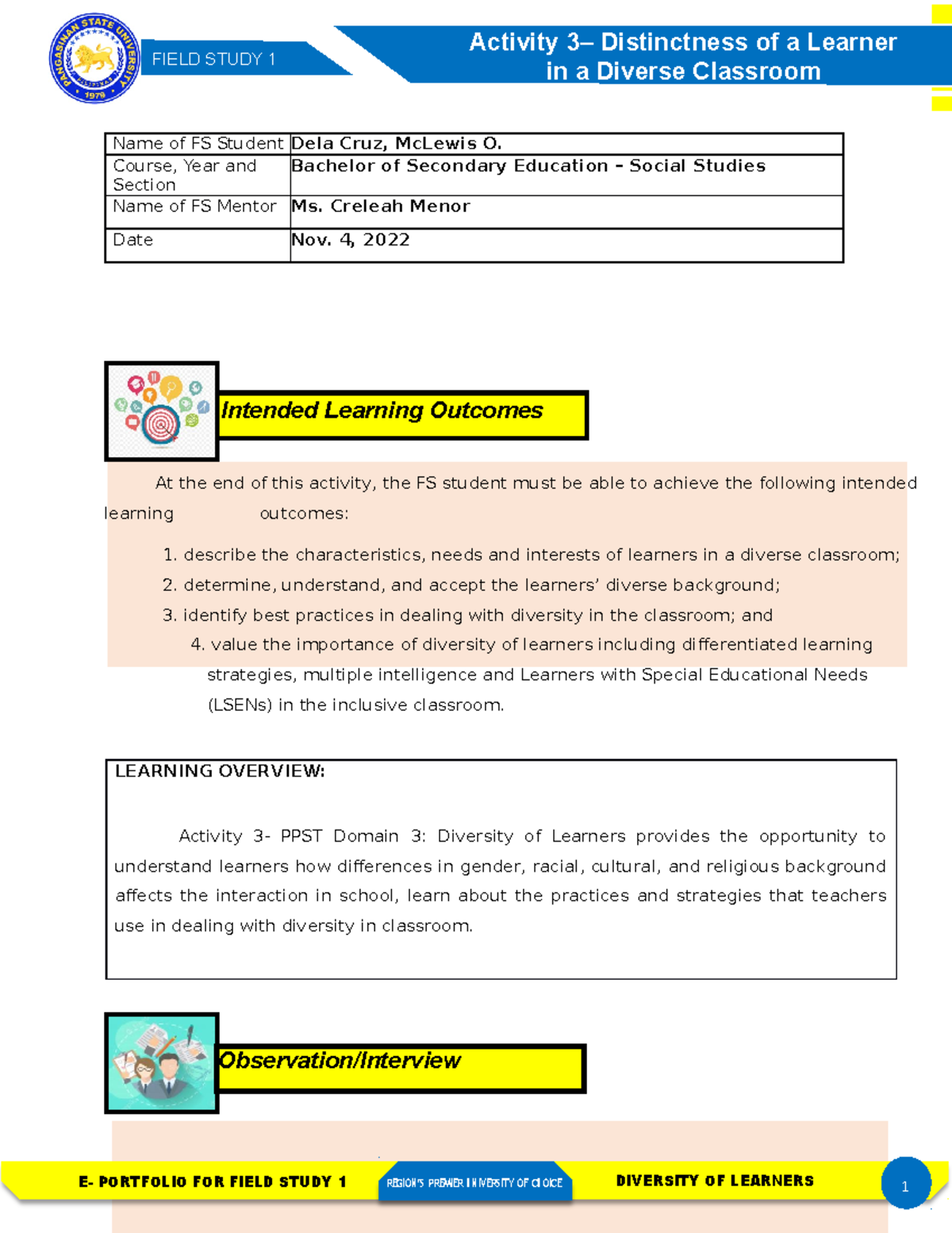 FS1-Activity-3 - activities - Intended Learning Outcomes Observation ...