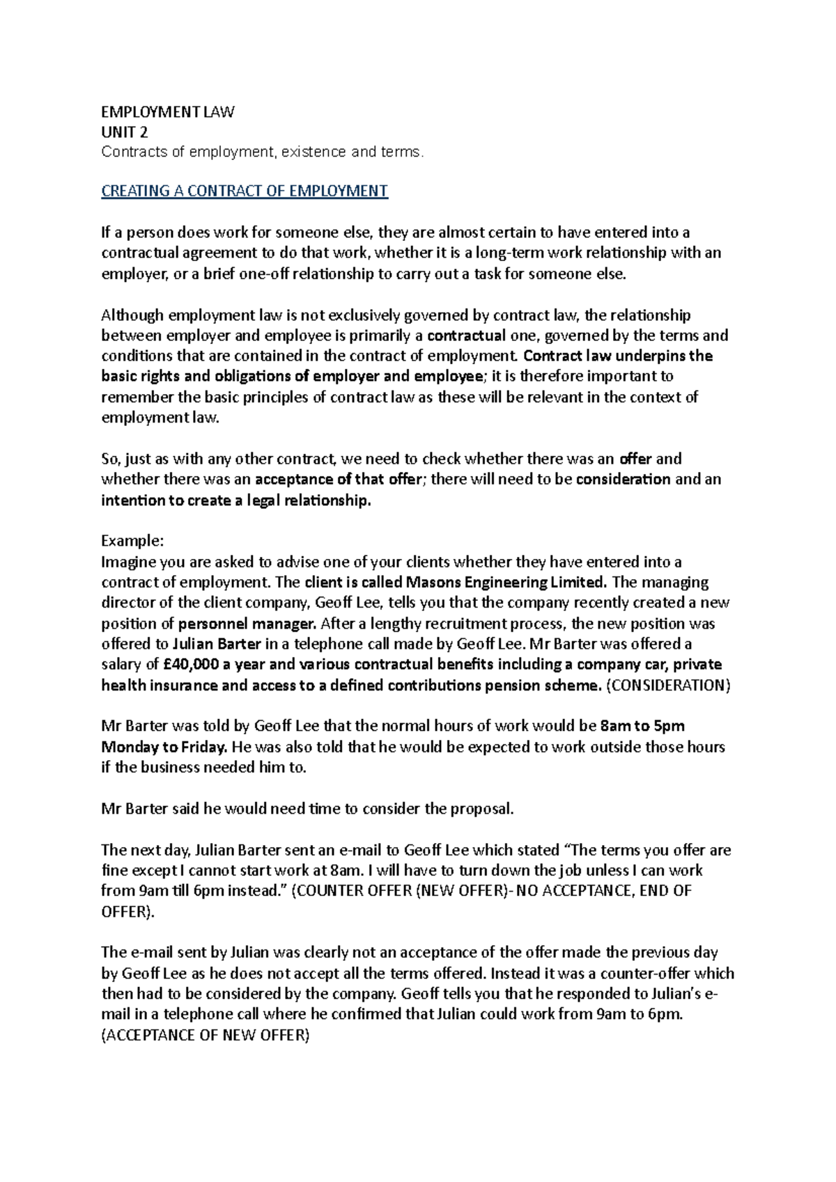 2 Employment LAW - CL - EMPLOYMENT LAW UNIT 2 Contracts of employment ...