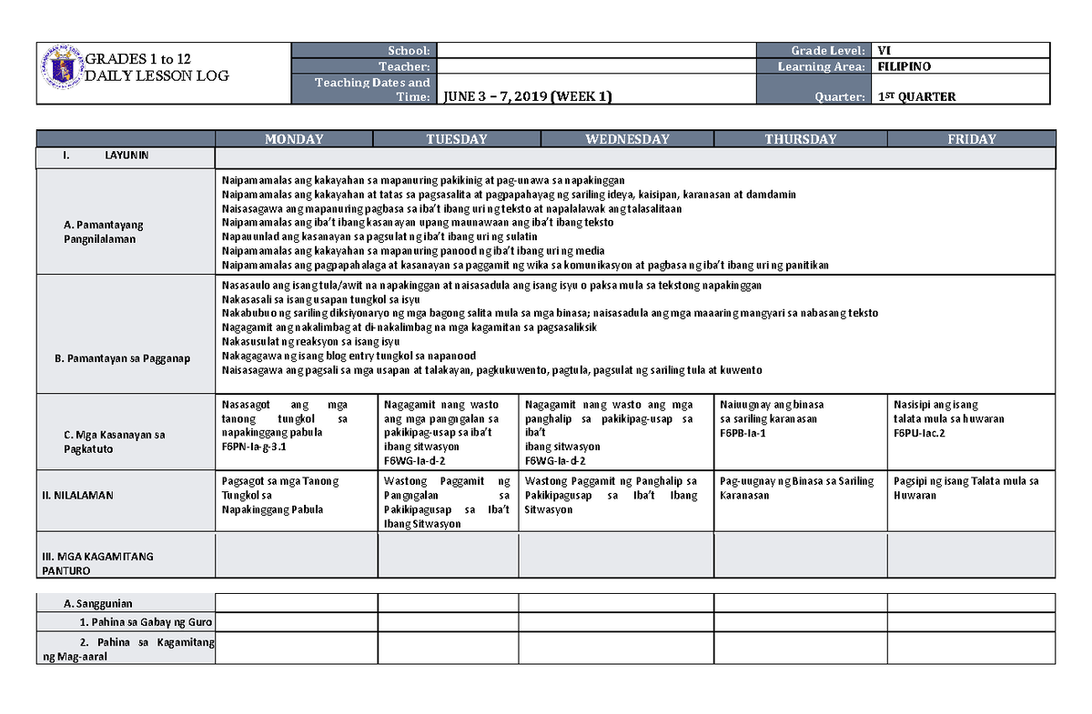 DLL Filipino 6 Q1 W1 - ppt - GRADES 1 to 12 DAILY LESSON LOG School ...