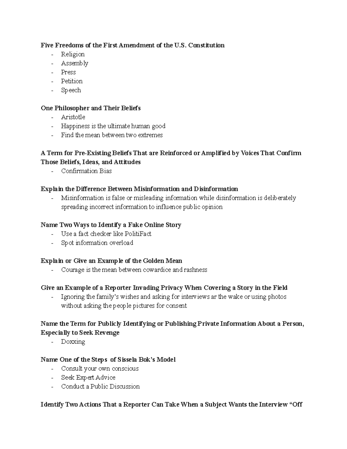 Media Ethics Final Notes - Five Freedoms of the First Amendment of the ...