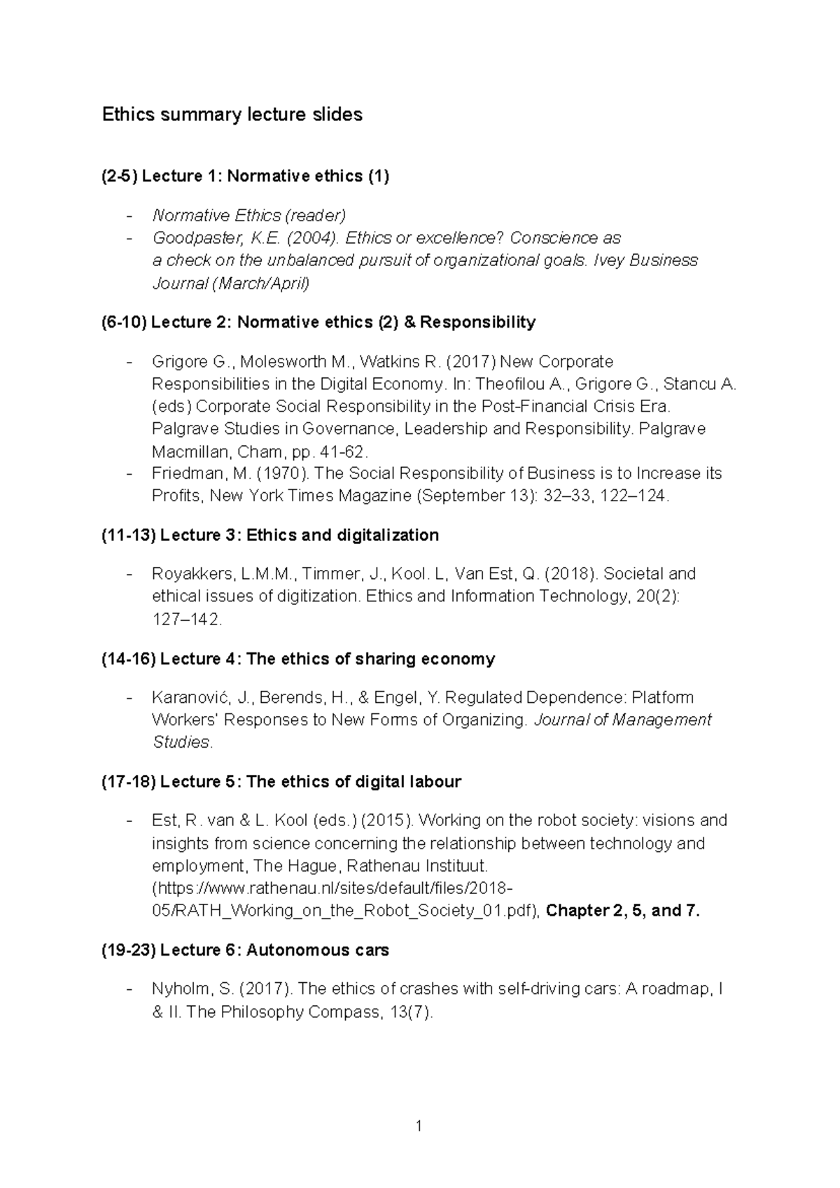 Ethics summary lecture slides - (2004). Ethics or excellence ...