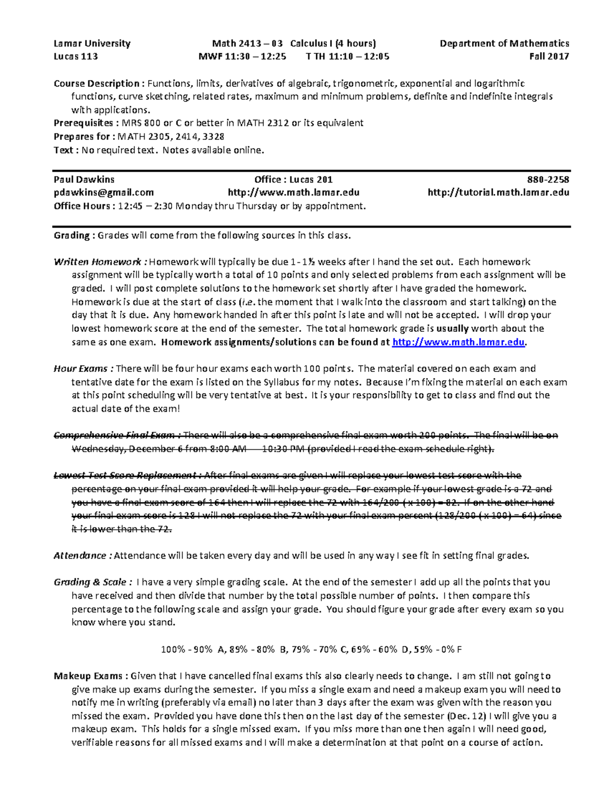 Info - Info - Lamar University Lucas 113 Math 2413 – 03 Calculus I (4 ...