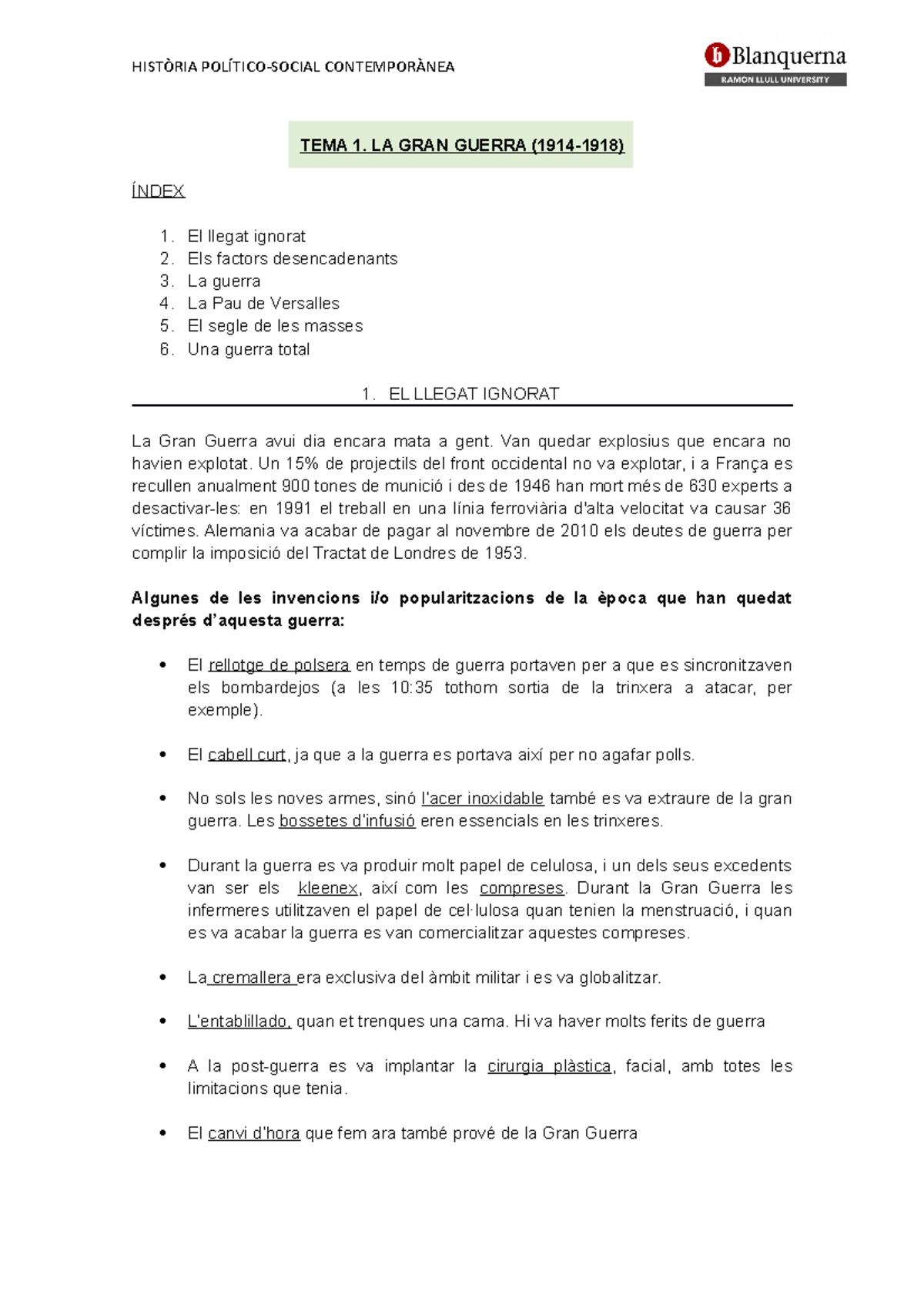 Història Político - TEMA 1. LA GRAN GUERRA (1914-1918) ÍNDEX El llegat ...